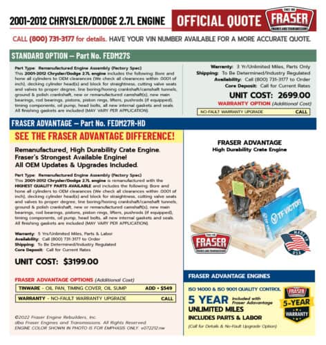 2.7 Liter Chrysler/Dodge Engines | Fraser Engines and Transmissions