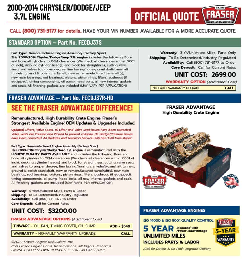 3.7L Chrysler/Dodge/Jeep/Ram Engines | Fraser Engines and Transmissions