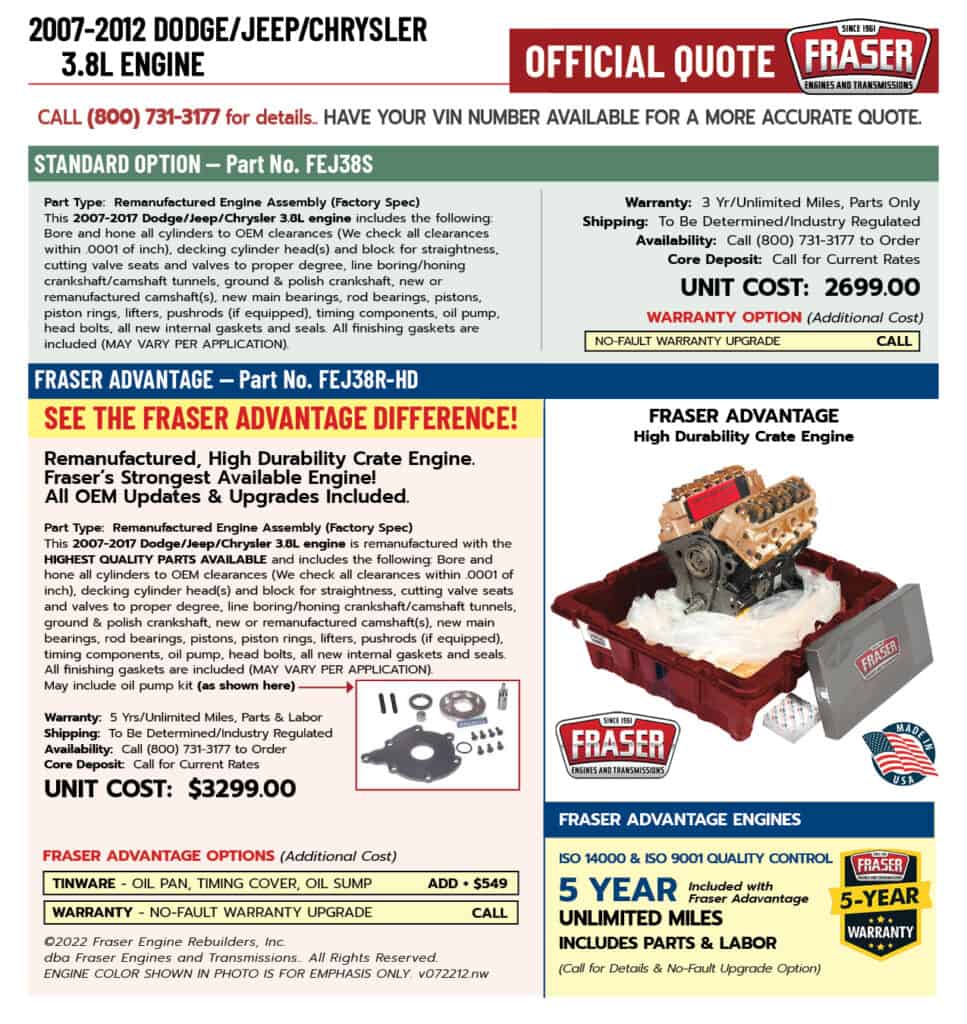 3.8L Dodge/Jeep/Chrysler Engines | Fraser Engines and Transmissions