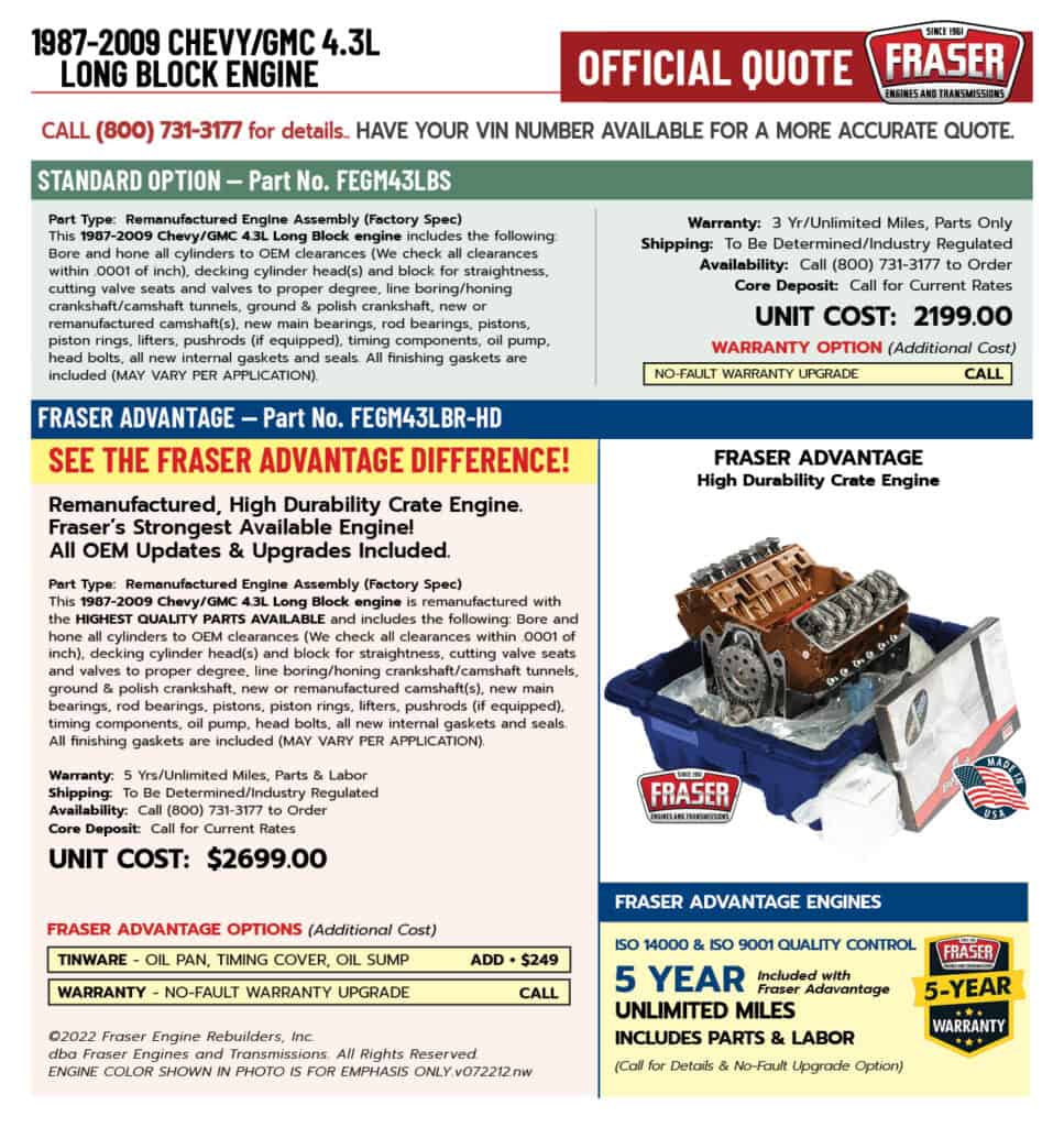 4.3L Chevy/GMC Long Block Engines | Fraser Engines and Transmissions